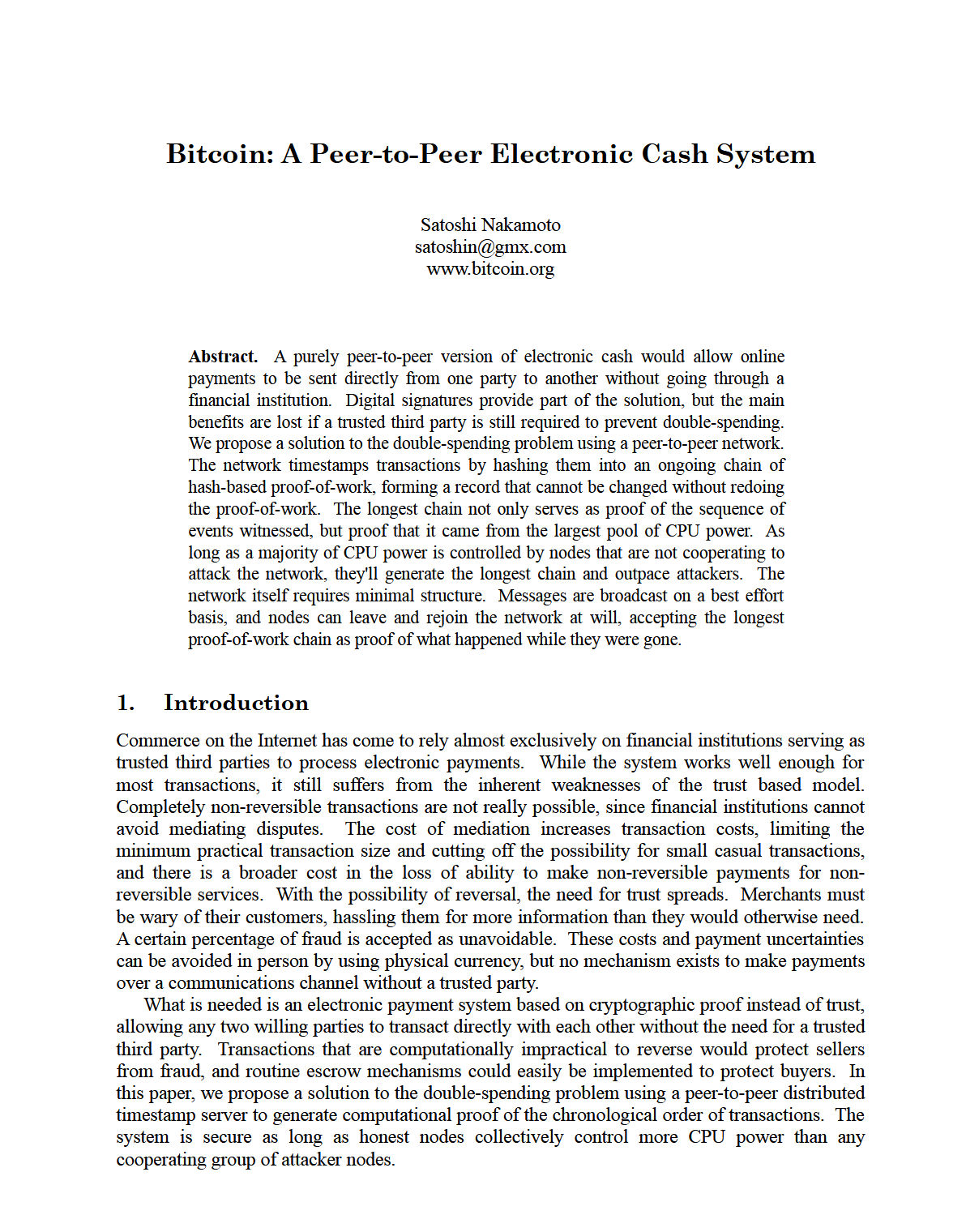 Bitcoin White Paper – Satoshi Nakamoto